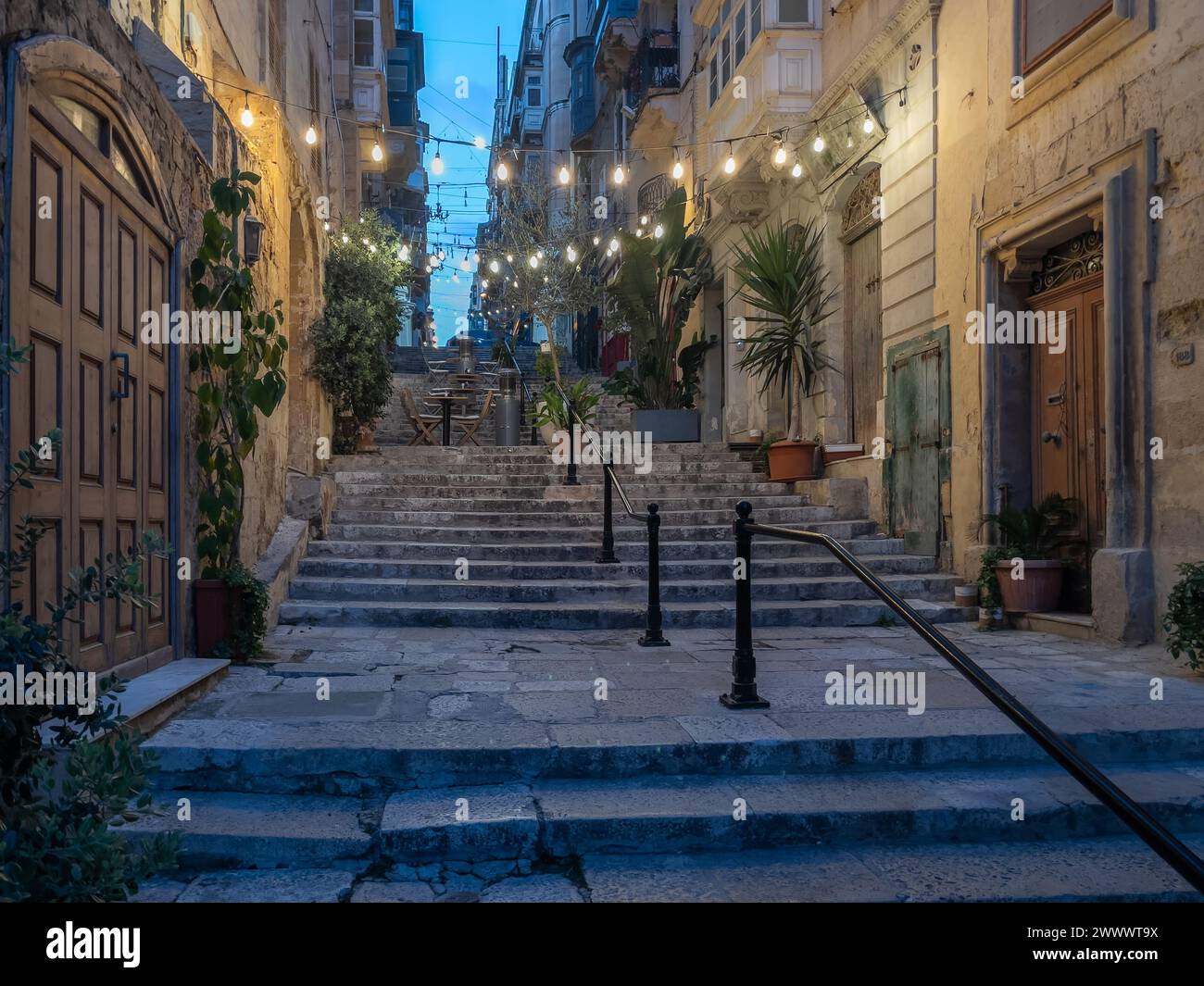 Triq Santa Lucija, Valletta, Malta - January 11th 2022: Lights above ...