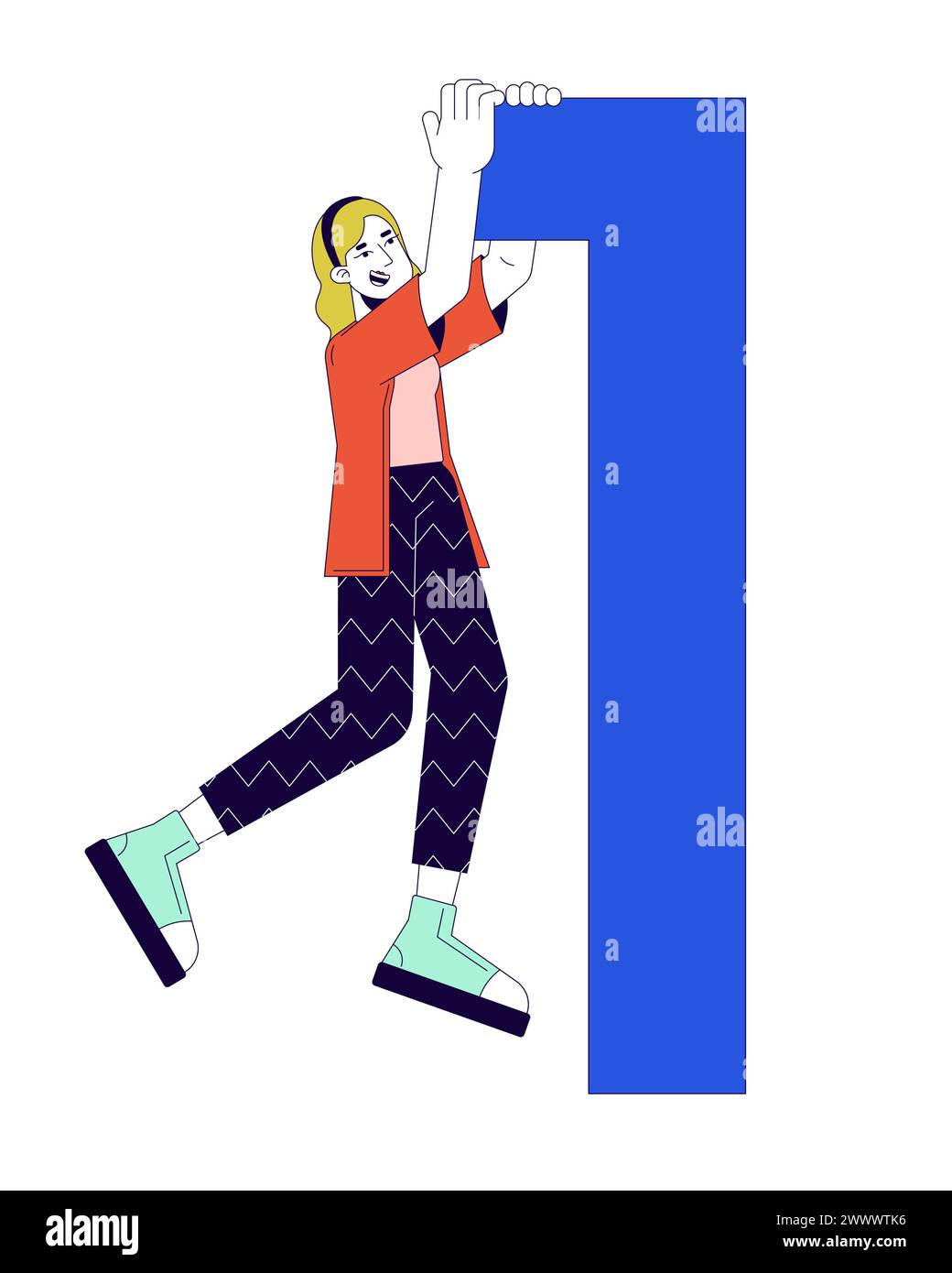 Female software developer with digit one 2D linear cartoon character ...