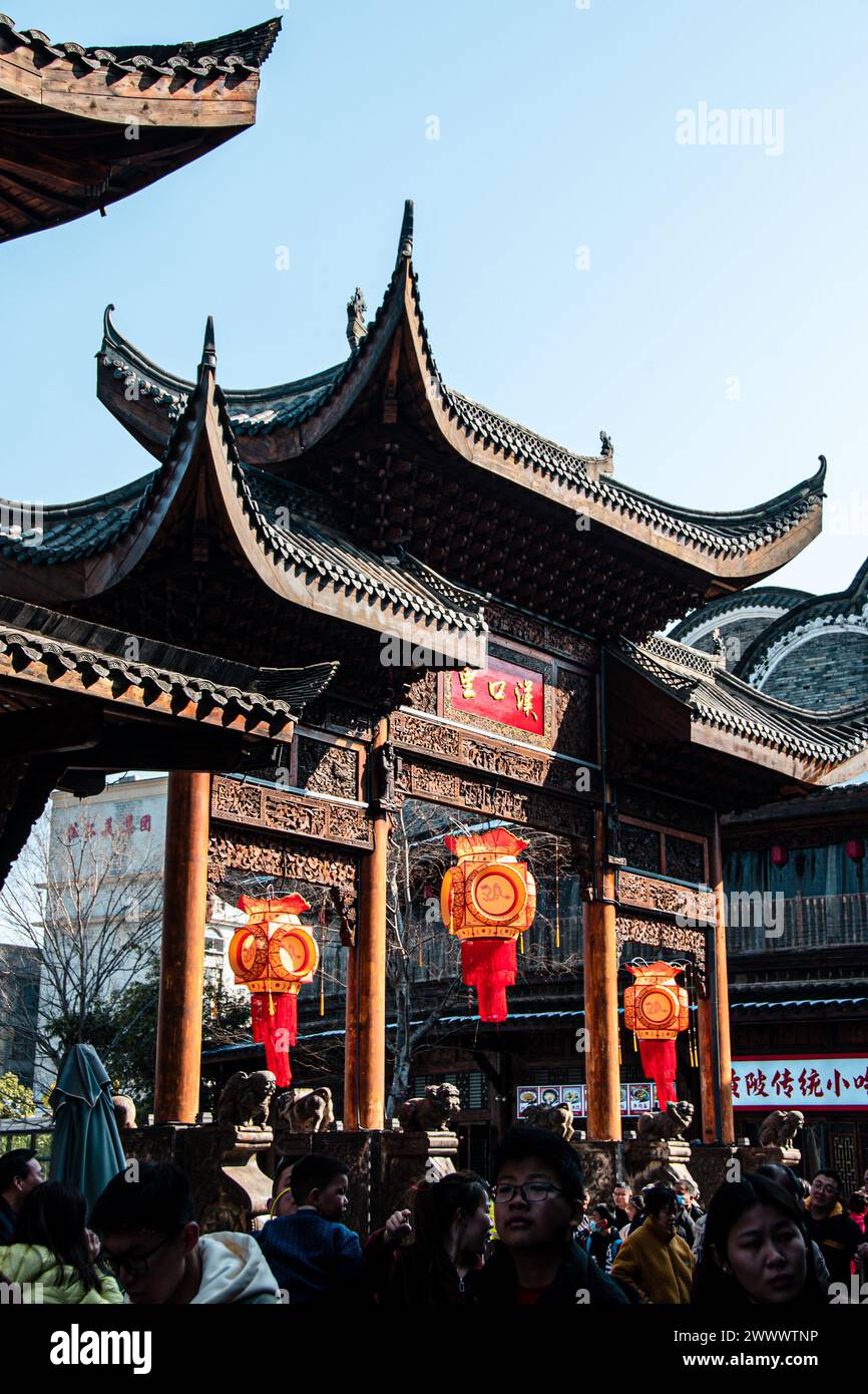 The traditional Chinese brick and wood architecture under sunlight in ...