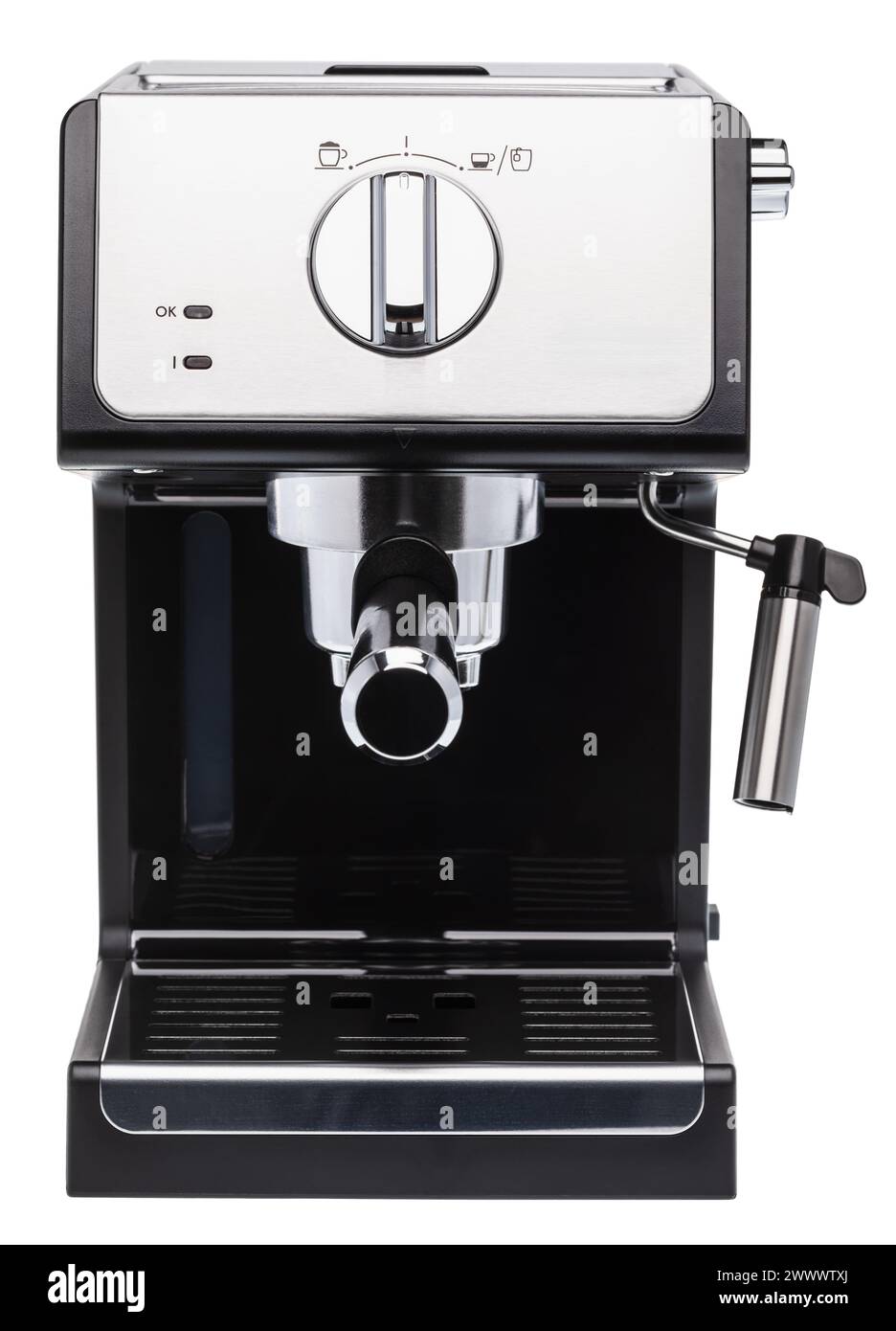 Espresso coffee machine with milk frother and portafilter isolated on ...