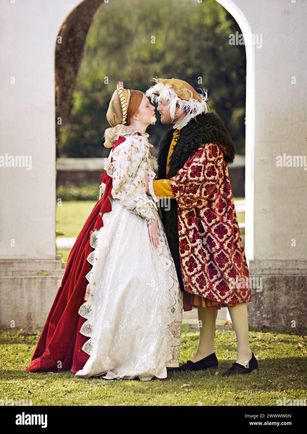 Medieval King And Couple Kiss In Marriage With Renaissance Fashion Outdoor With Marriage And