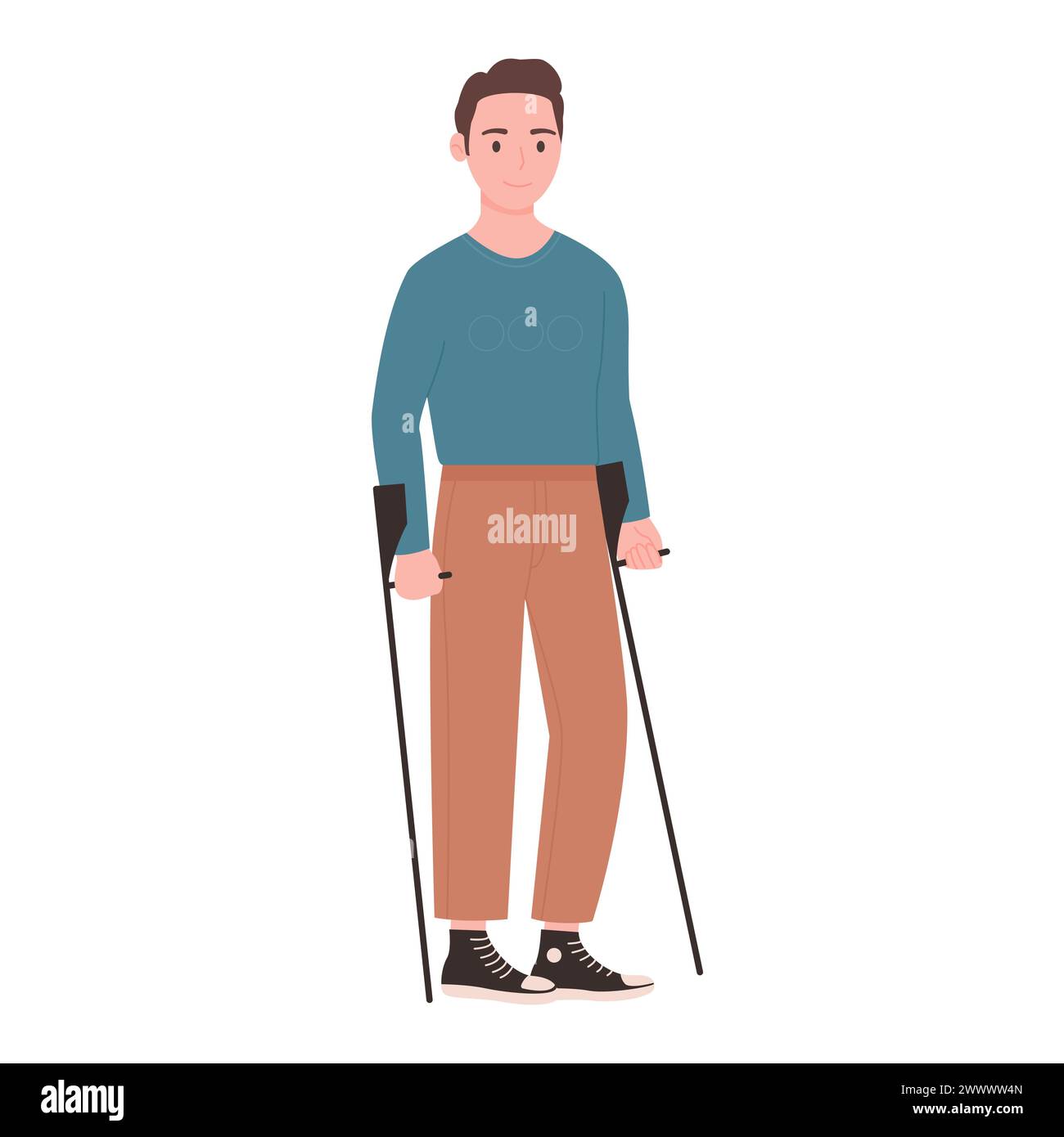 Young man walking with crutches. Boy with limited mobility, disabled ...