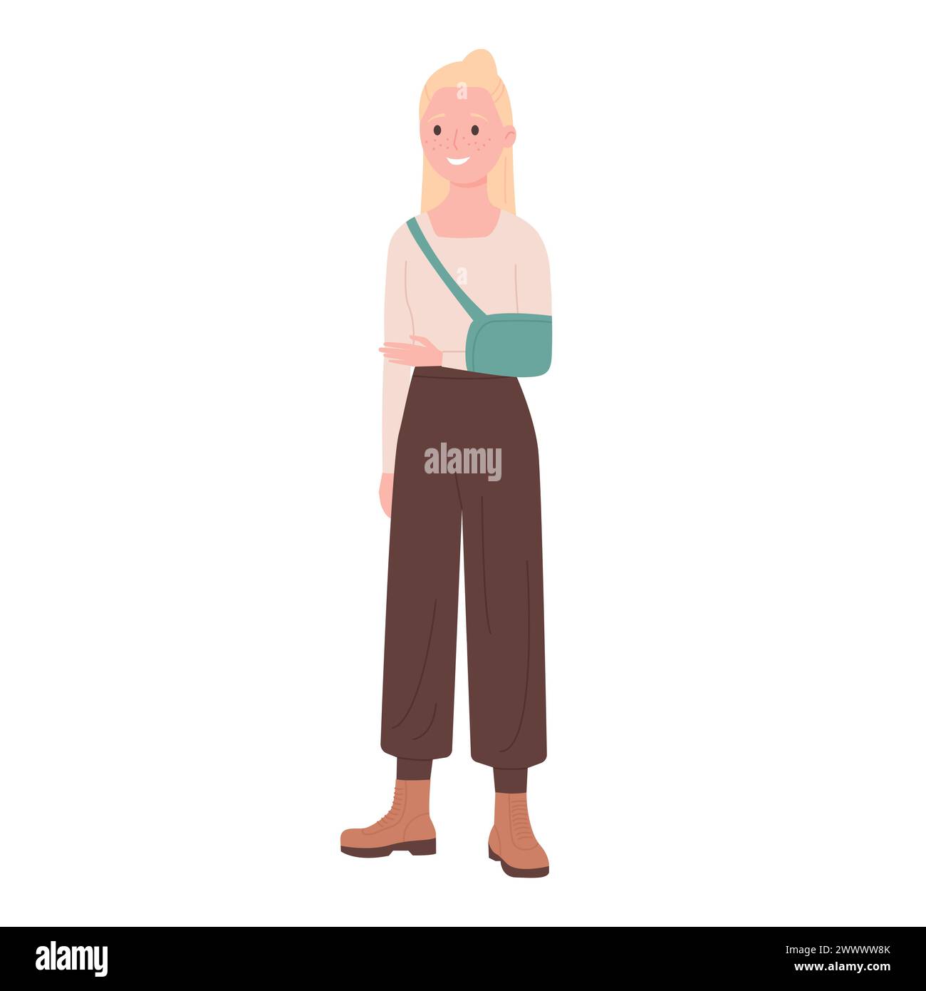 Smiling girl with broken arm. Young woman with damaged hand cartoon ...