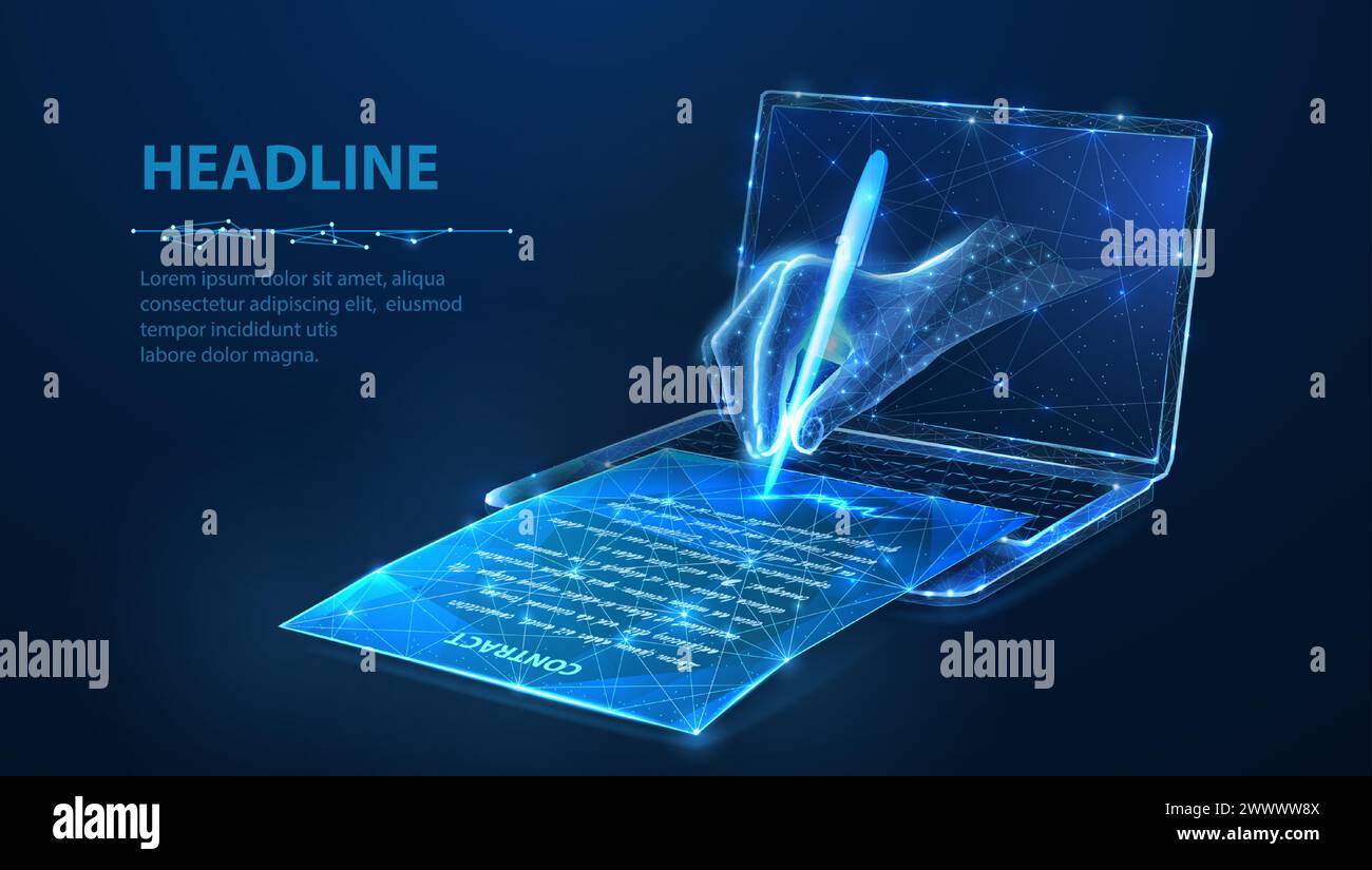 Digital hand with pan sign a document and laptop. Digital signature, E ...