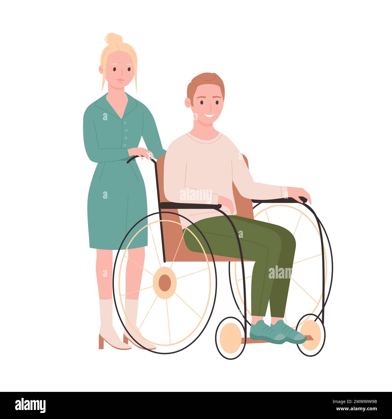 Woman sitting in wheelchair. Nurse helps to a woman with limited ...