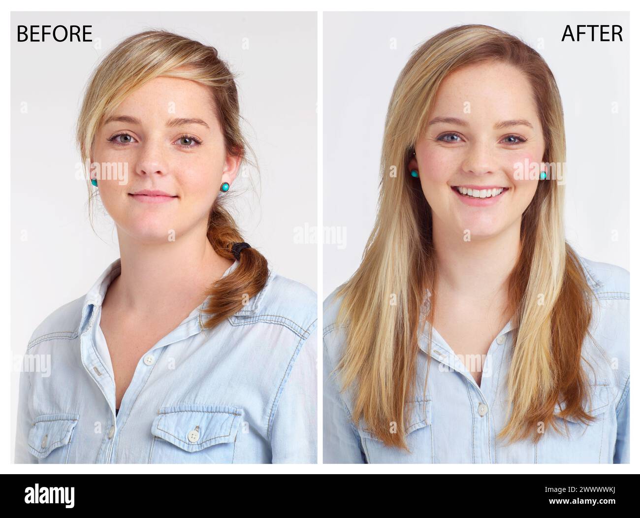 Transformation, woman and happy with portrait for hair care with ...