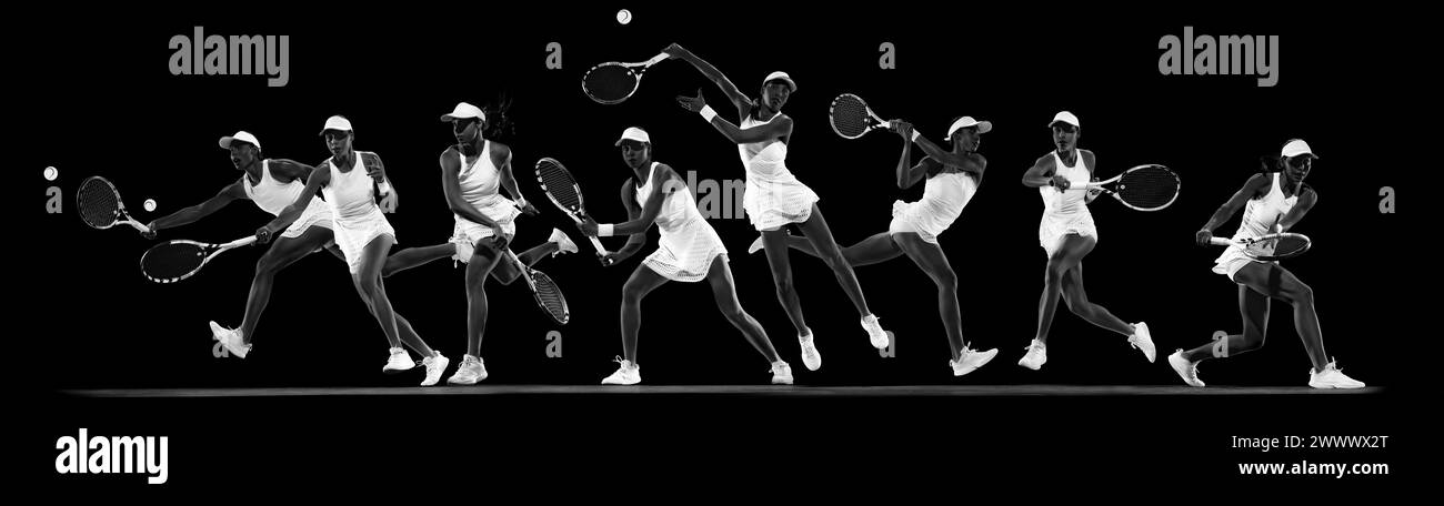 Collage in monochrome filter. Sequence of tennis player's movements ...