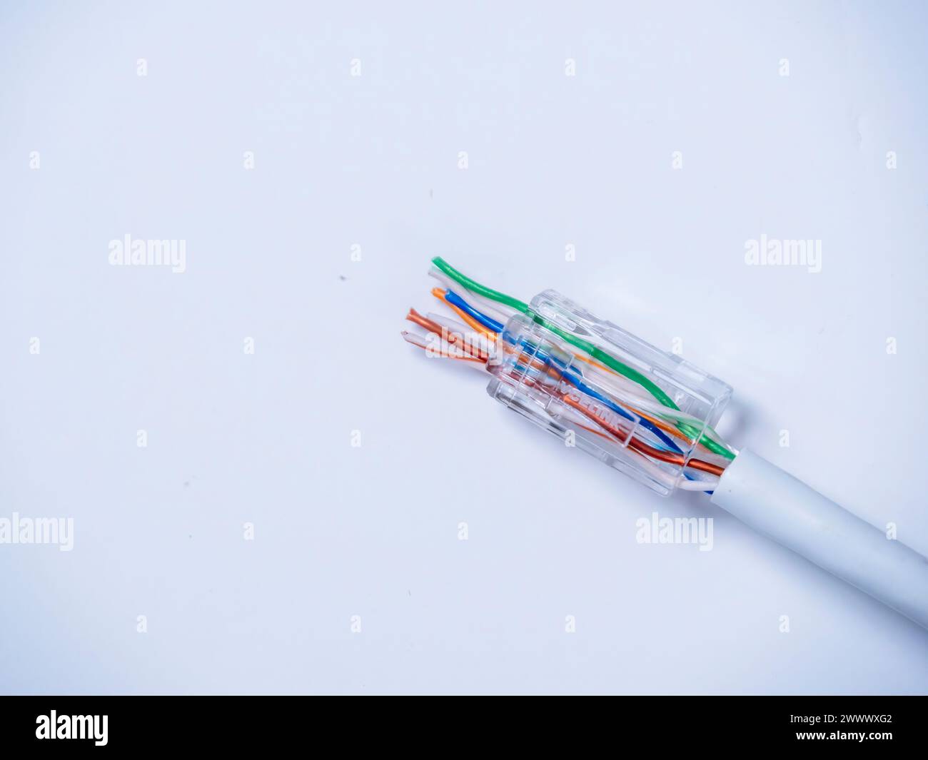 Attaching an RJ45 connector and crimping it to th e network cable Stock ...
