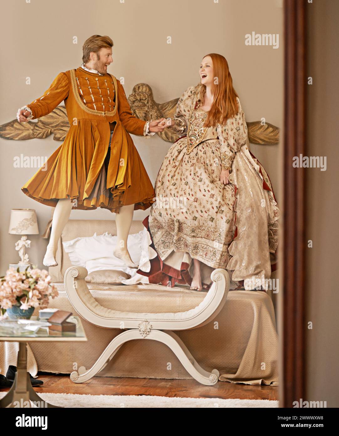 Royal, man and woman in renaissance with luxury, silly and happiness ...