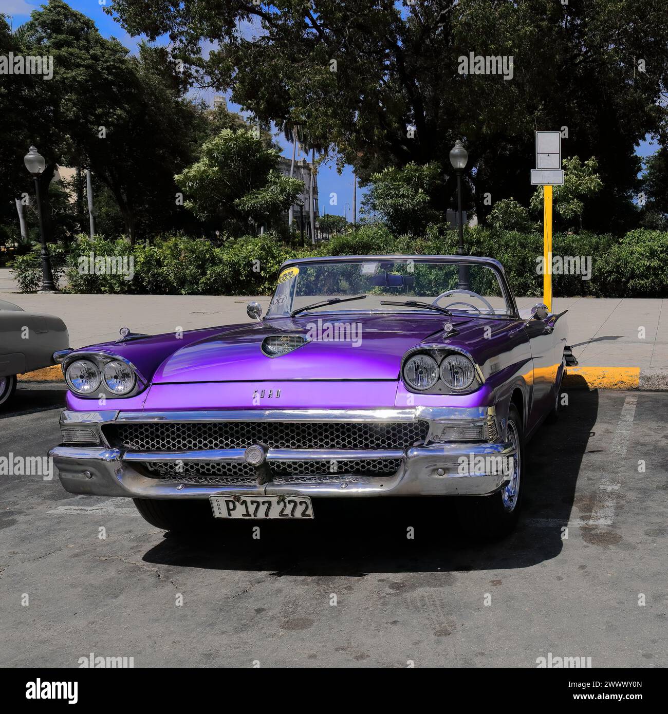 110 Parked American classic convertible car front view, purple Ford ...
