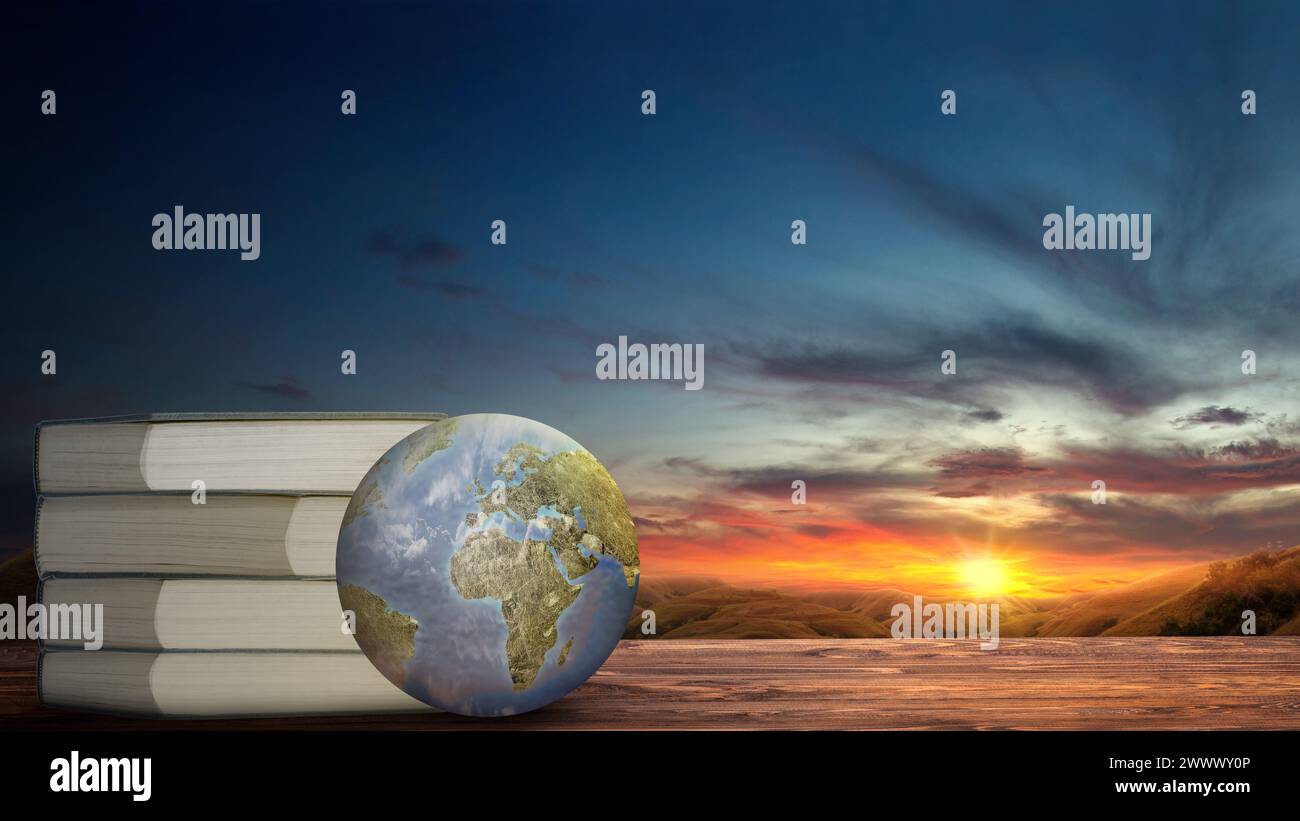 World book days concept, pile of books with the beautiful sunset ...
