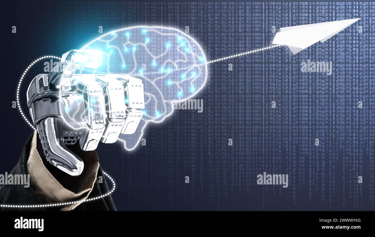 The robotic hand touches the virtual brain with a flying paper airplane ...