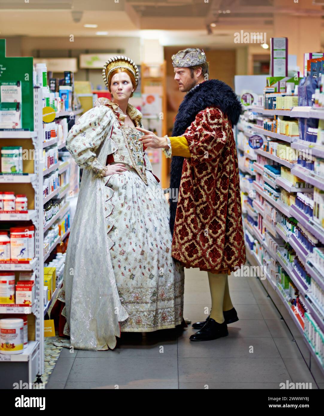 Store, argument and king with queen, angry and conversation with ...