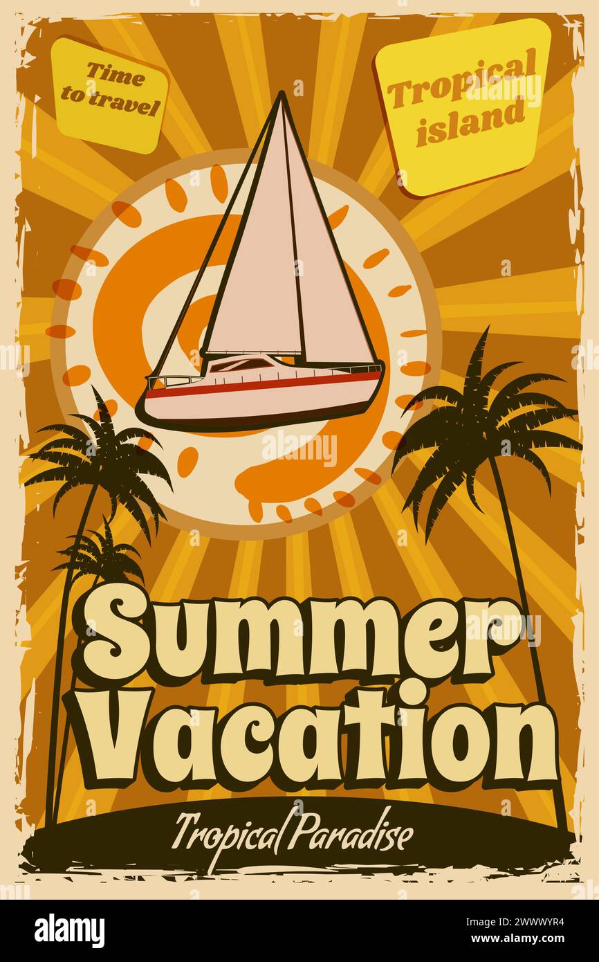 Summer Vacation poster retro, sailing ship on the ocean, island, coast ...
