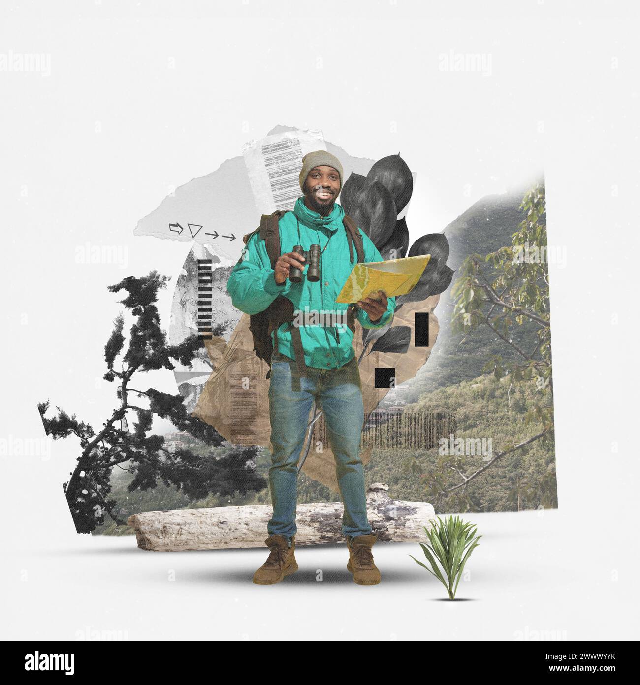 Young man with backpacks and map going hiking against floral abstract ...