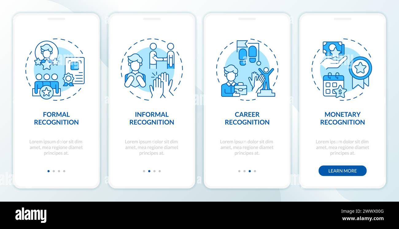 Types of employee recognition blue onboarding mobile app screen Stock ...