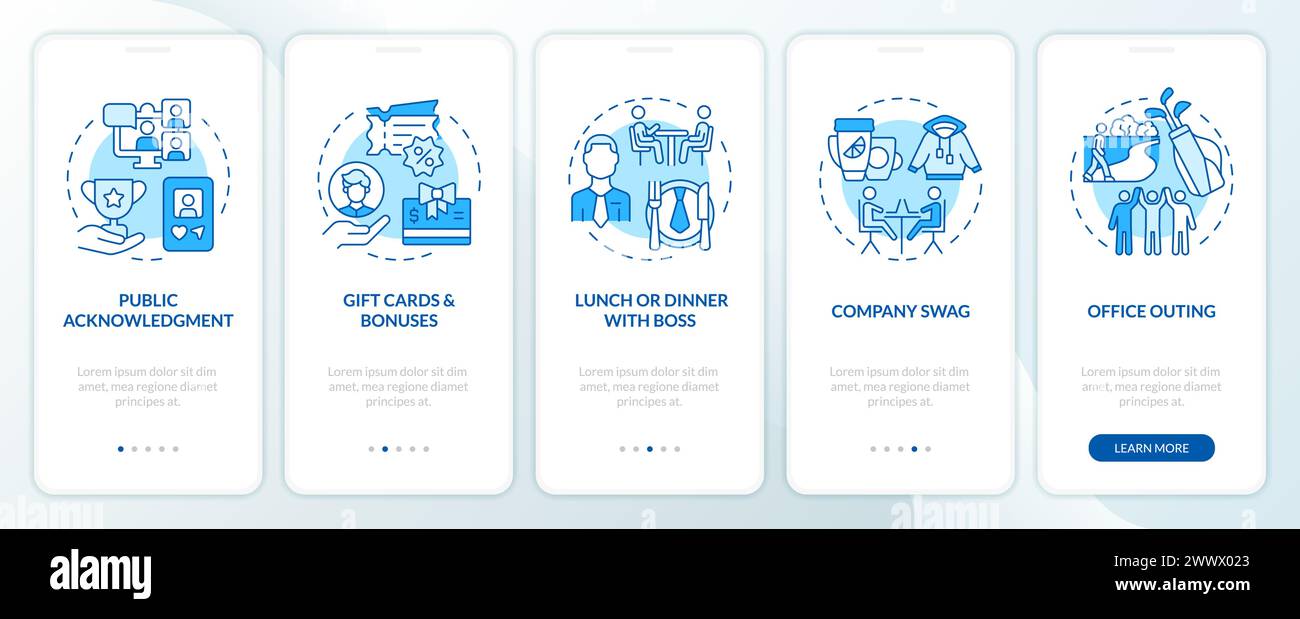 Employee recognition ideas blue onboarding mobile app screen Stock ...