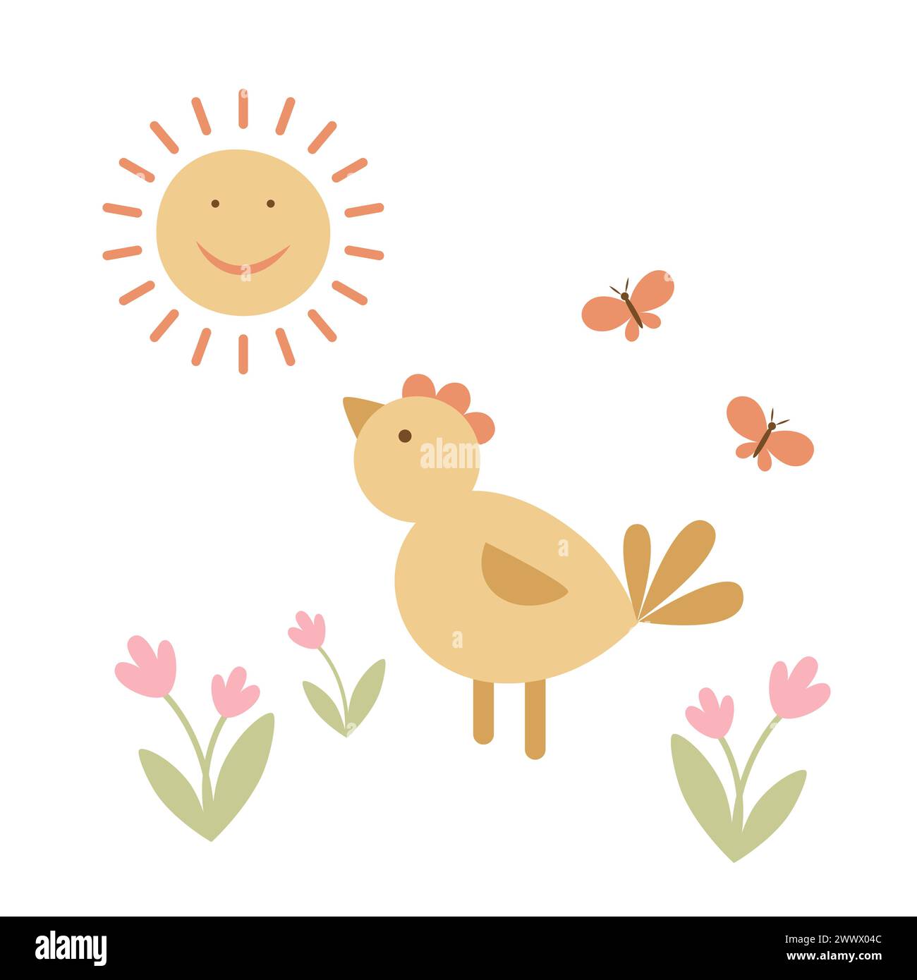 Cute spring illustration with chick. White background. Vector Stock ...