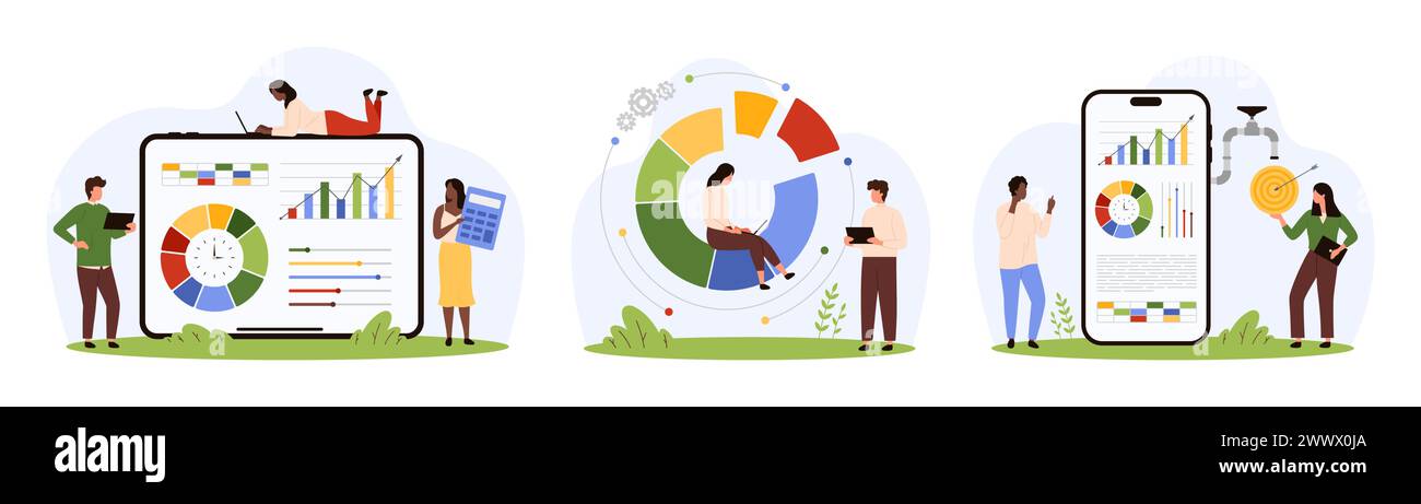 Analysis of financial data, business reports and statistic charts in dashboard of mobile app set ...