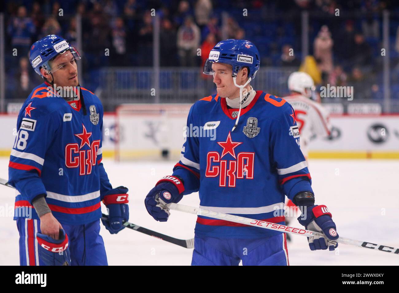 Saint Petersburg, Russia. 25th Mar, 2024. SKA Hockey Club player, Nikita Kamalov (12), Stepan ...