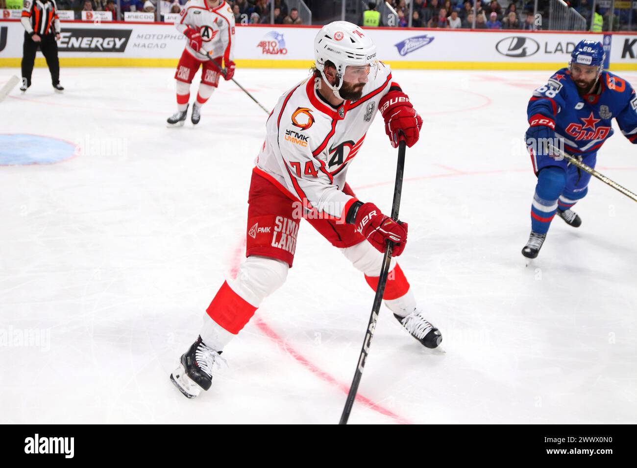 Saint Petersburg, Russia. 25th Mar, 2024. Avtomobilist Hockey Club player, Nick Ebert (74) seen ...