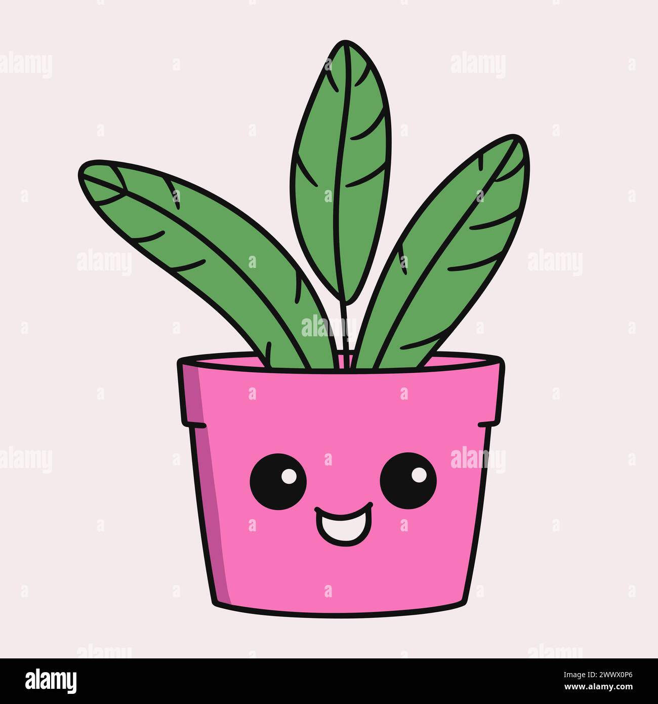 Cartoon happy green plant in pink pot with smiling face and big eyes ...