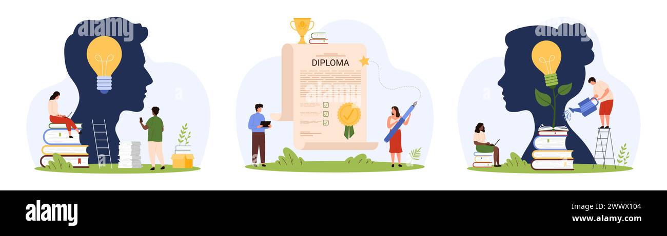 Brain development and training set. Tiny people grow light bulb inside ...