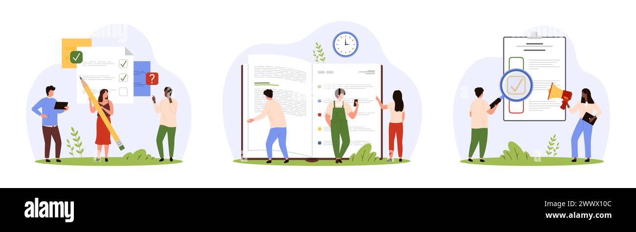 Survey list, notes and document review service set. Tiny people check ...