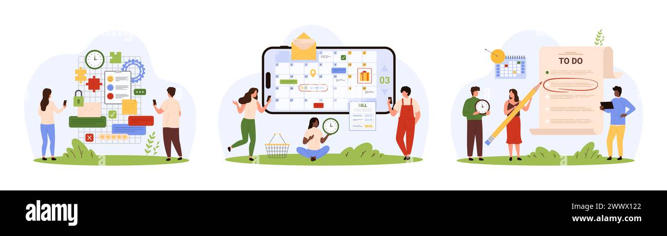 Project and task planning process set. Tiny people plan daily schedule ...