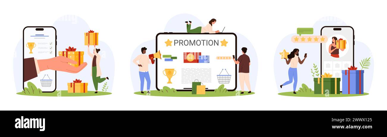 Loyalty program and promotion, giveaway contest set. Hand from mobile ...