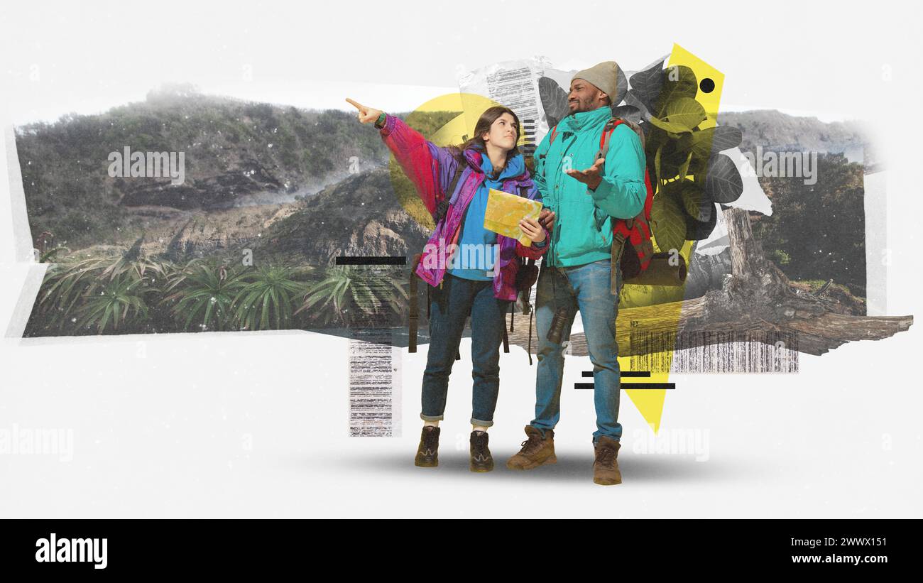 Arguing about destination. Young man and woman with backpacks and maps ...
