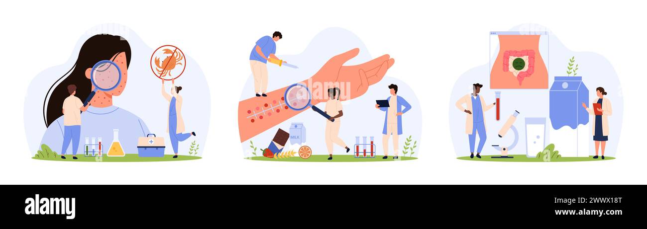 Food allergy set. Tiny people with magnifying glass research allergic ...