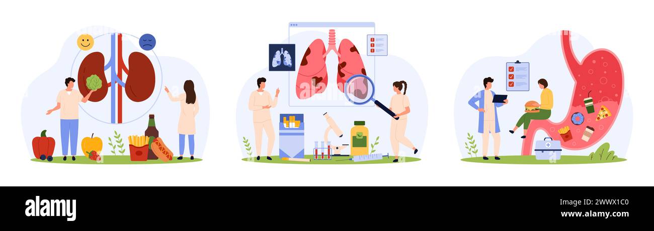 Diagnosis of chronic diseases of internal organs by doctors set. Tiny ...