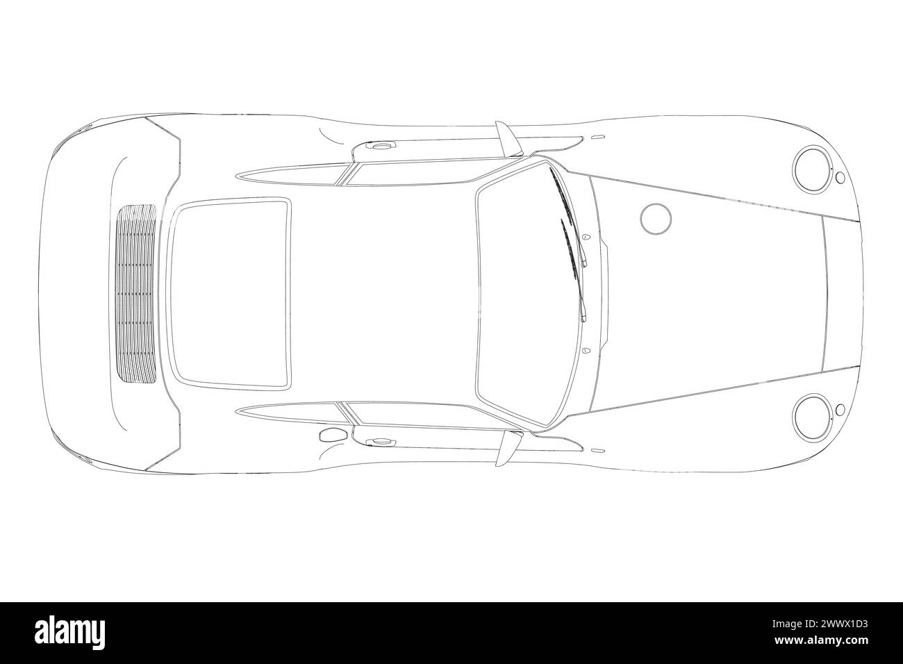 Outline of a sports car made of black lines isolated on a white background. Above view. Vector ...