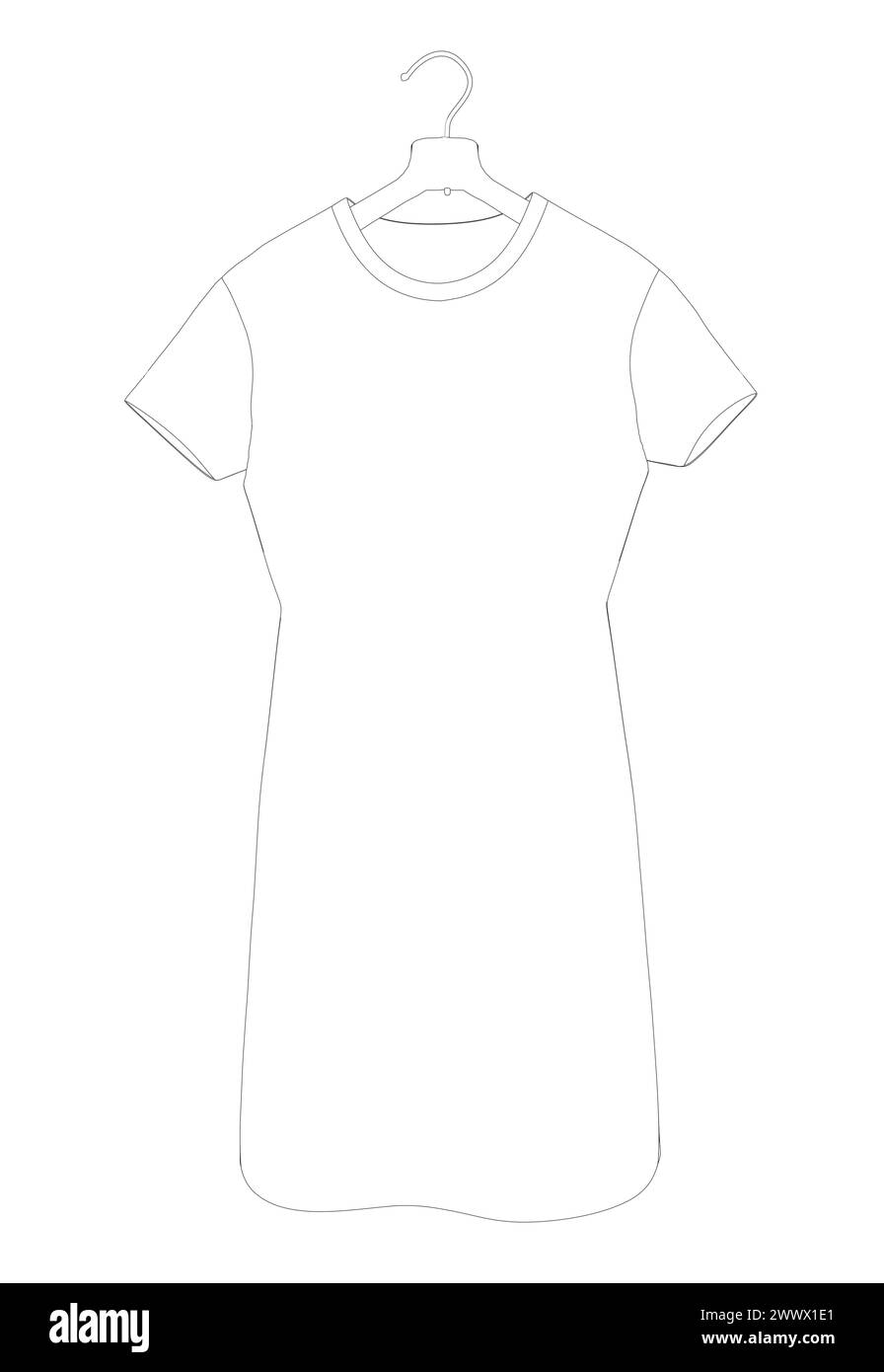 Outline of a woman's dress hanging on a hanger made of black lines isolated on a white ...
