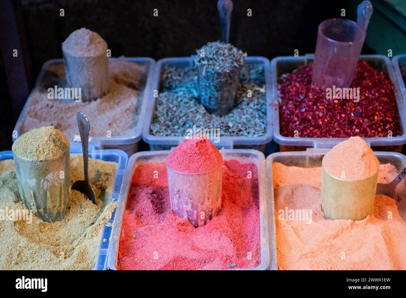 Colorful, freshly ground piles of spice powders at an outdoor food ...
