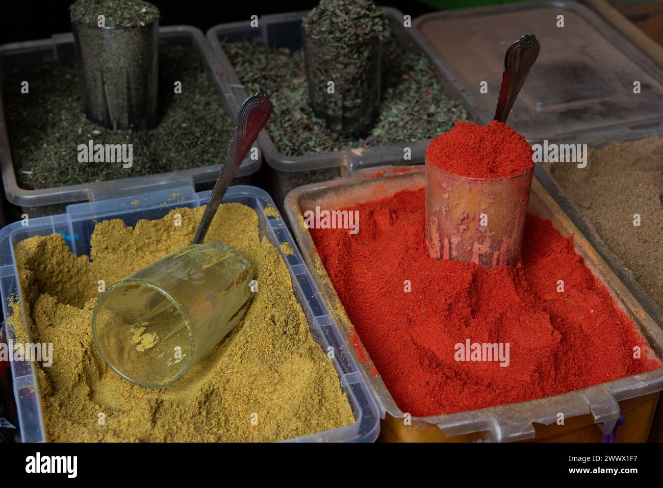 Colorful, freshly ground piles of spice powders at an outdoor food ...