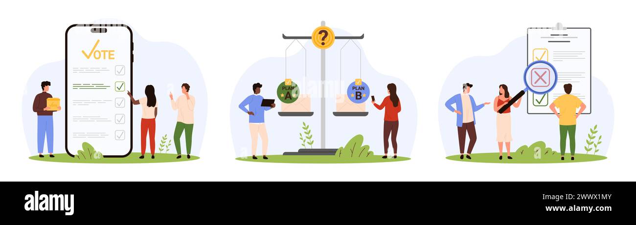 Business choice between options priority, voting set. Tiny people vote ...