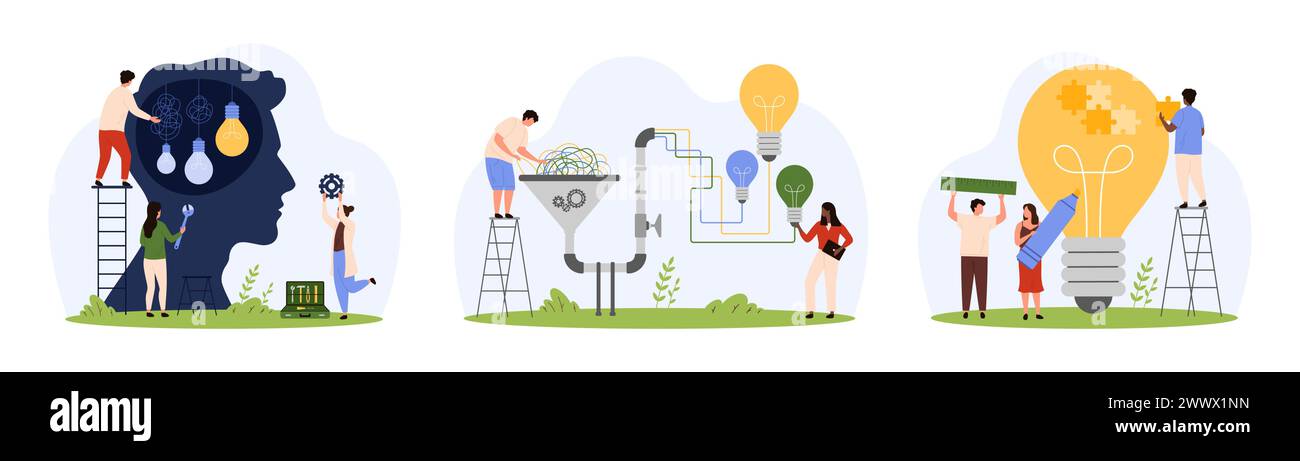 Creative ideas, insight and solution search, brainstorming process set ...