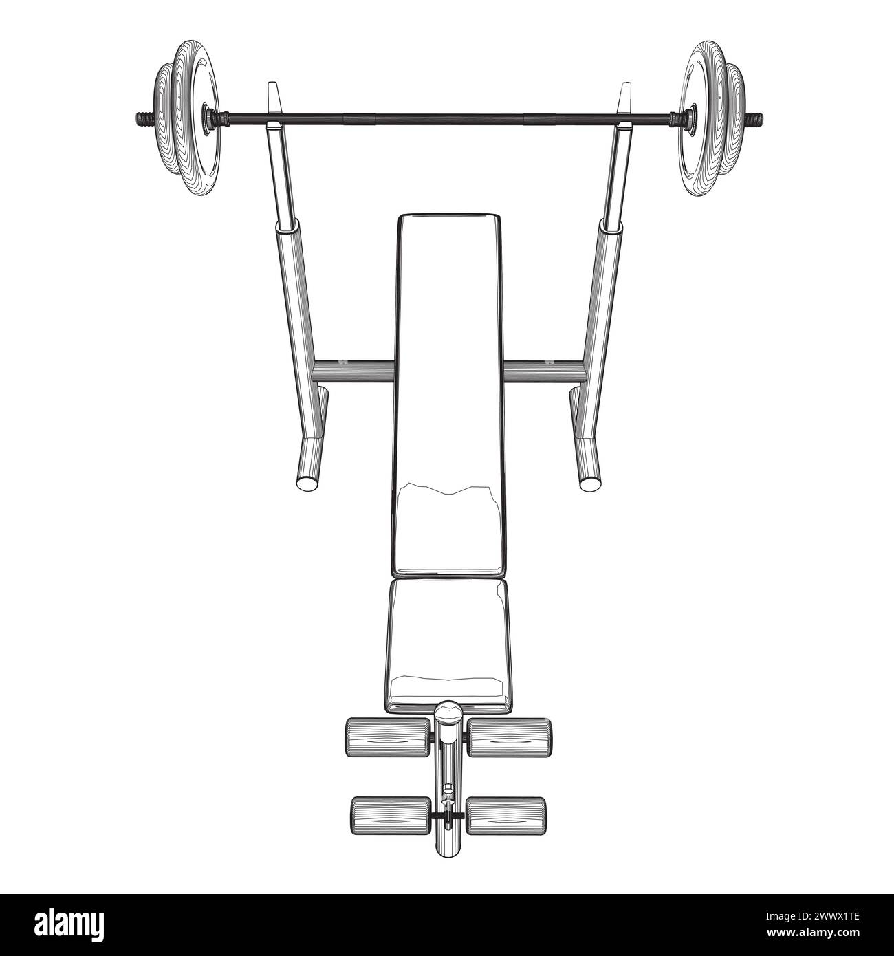 Outline of Gym bench and barbell on white stand isolated on white ...