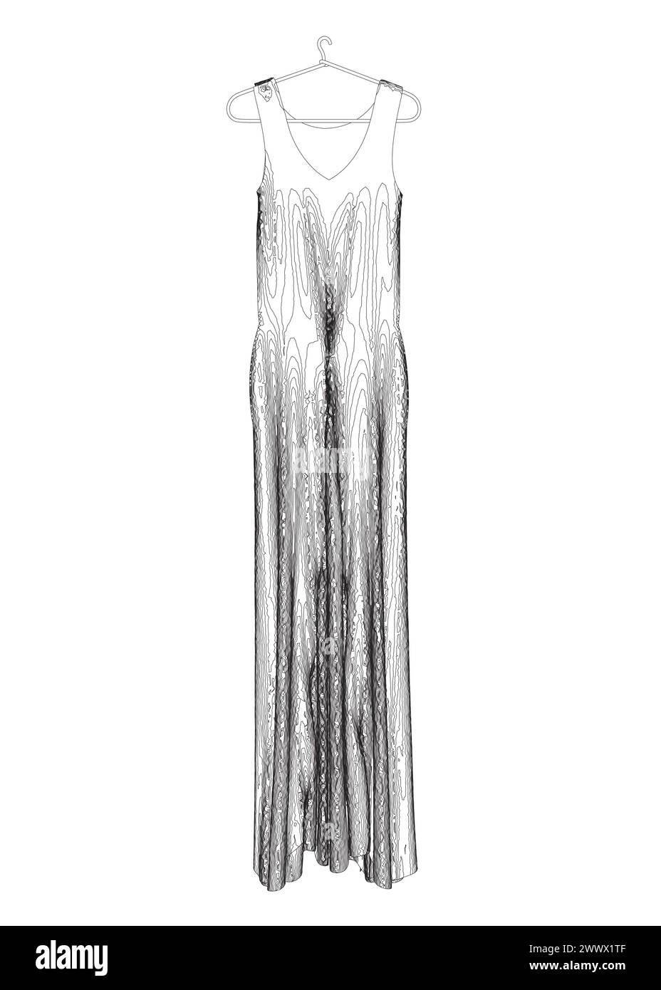 Outline of a long woman's dress hanging on a hanger made of black lines isolated on a white ...