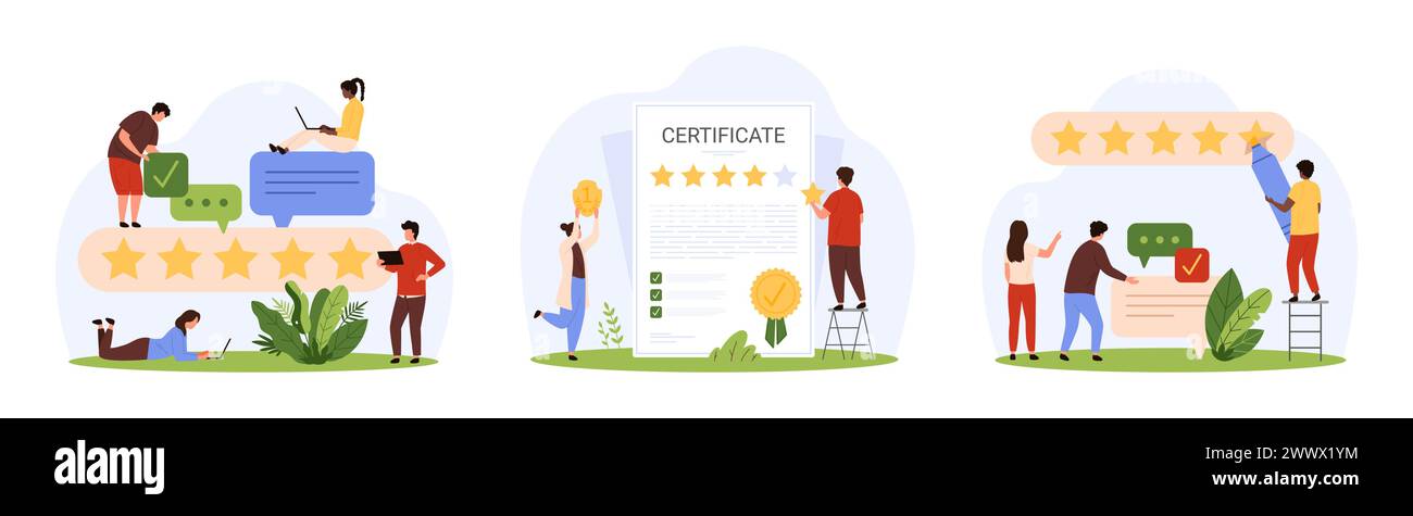 Customer feedback, survey of clients opinion set. Tiny people give ...