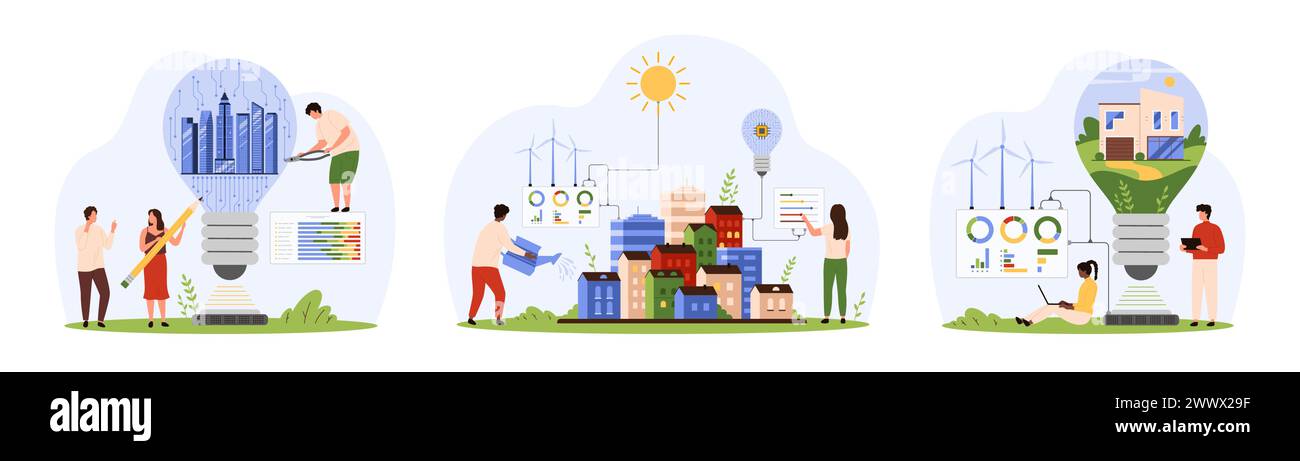 Green energy project for eco friendly city set. Tiny people save ...