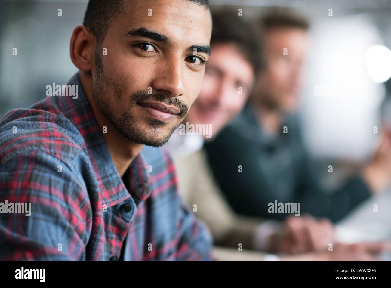 Happy, portrait and man in meeting at office with teamwork ...