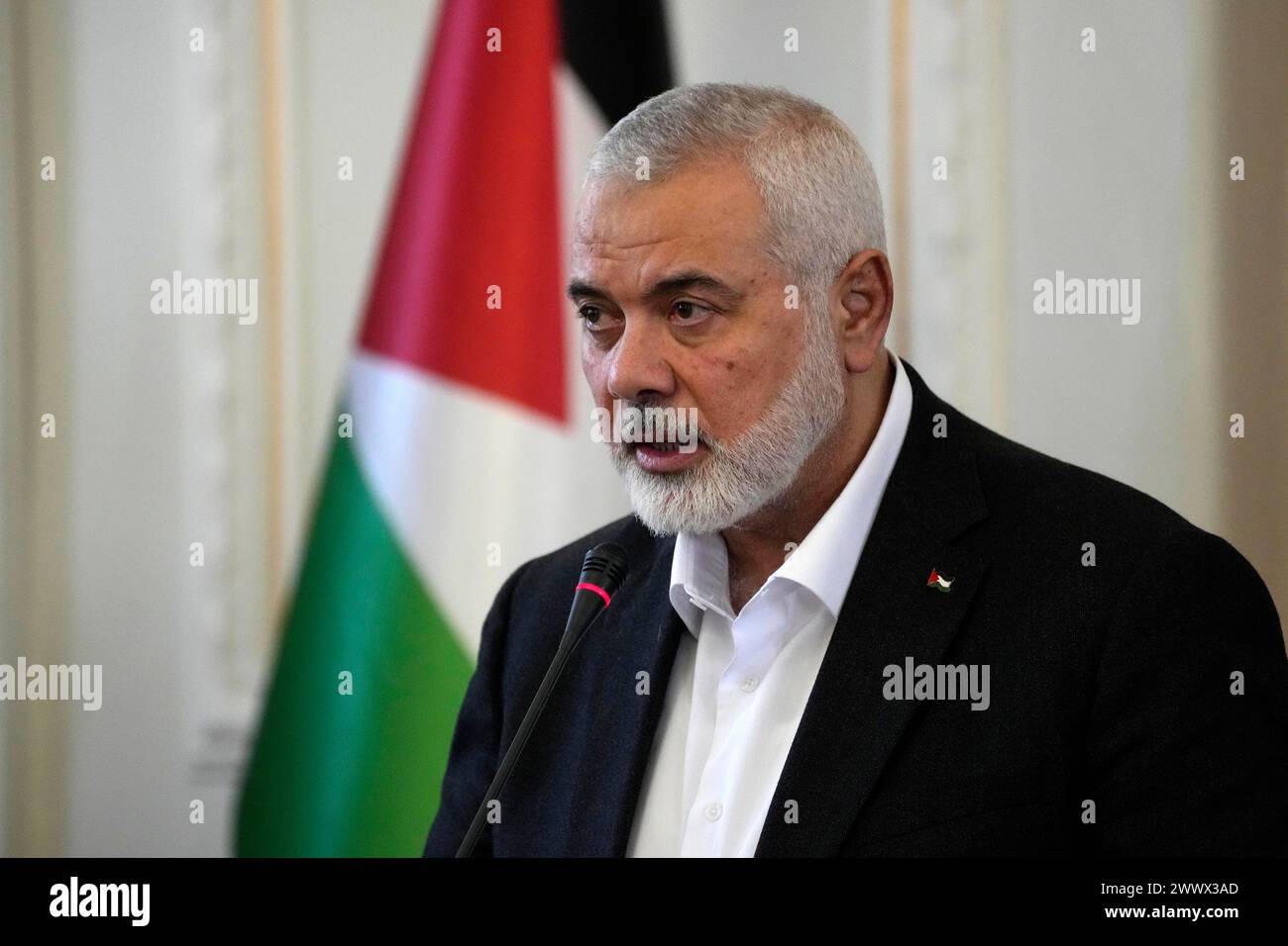 Hamas chief Ismail Haniyeh speaks during a press briefing after his ...