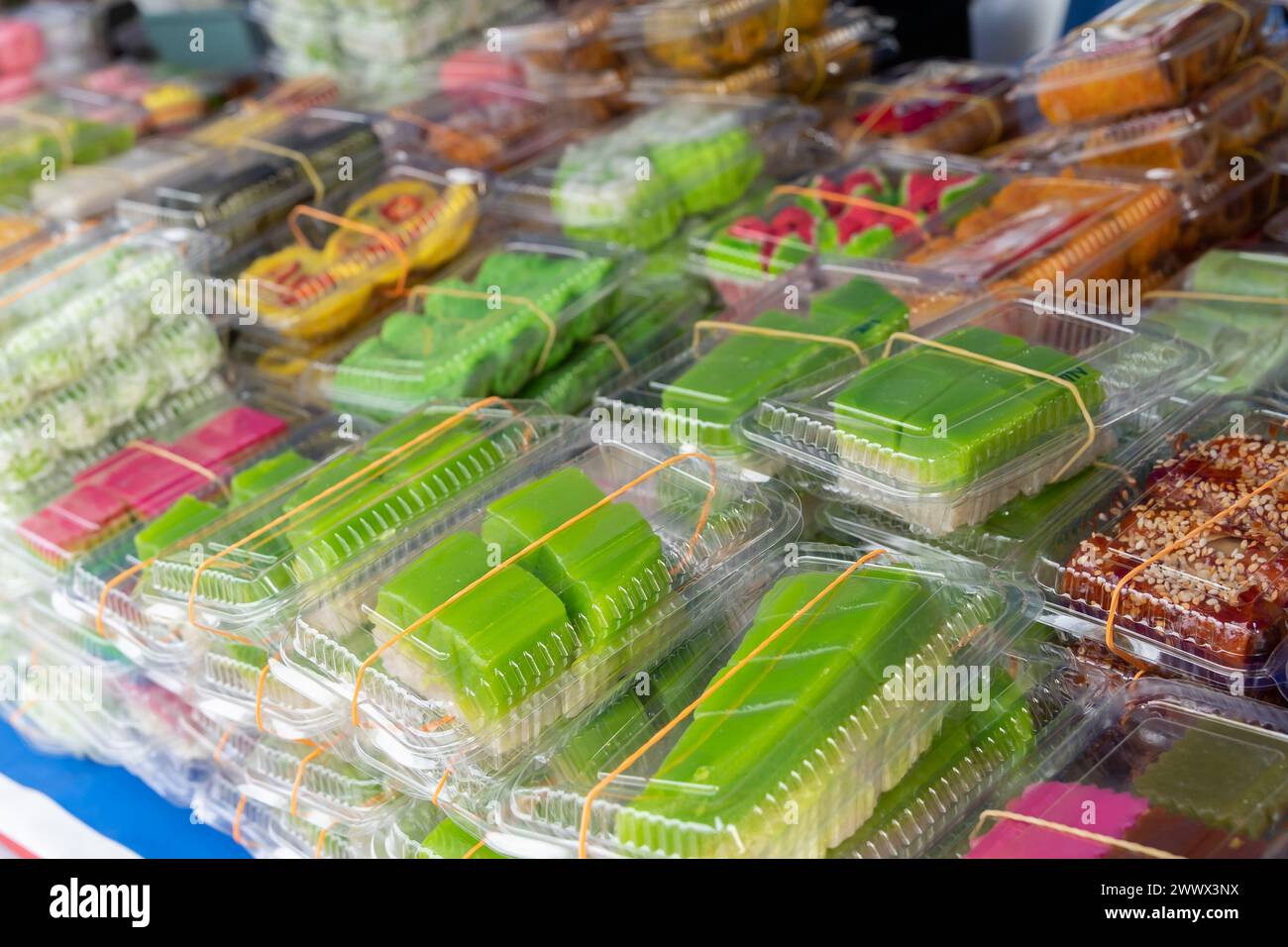 Close-up view of various types of foods and snacks selling at the ...