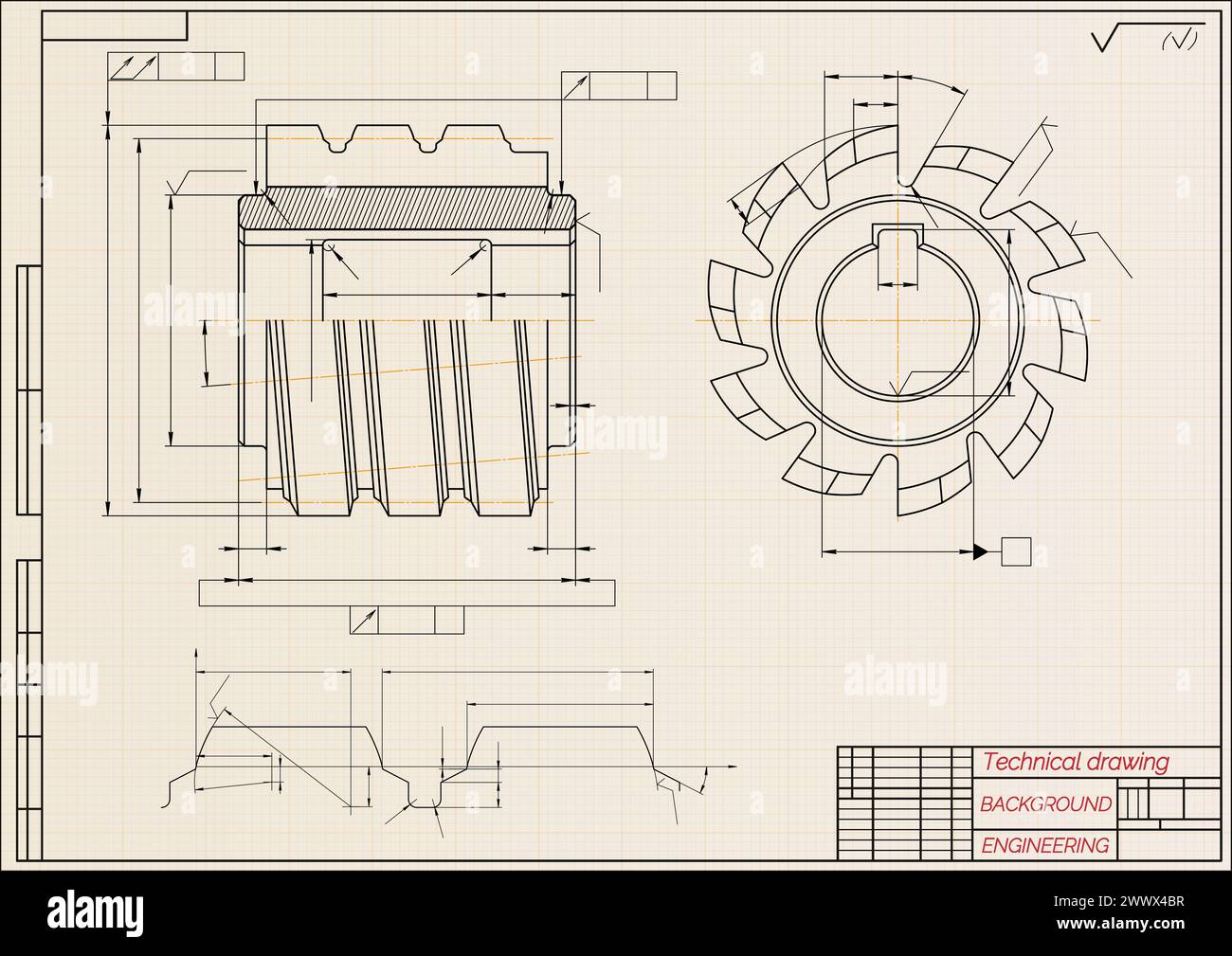Mechanical engineering drawings on beige technical paper background ...