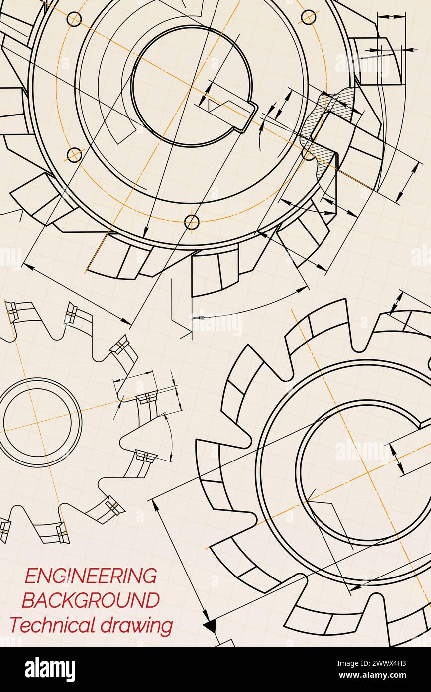 Mechanical engineering drawings on beige technical paper background ...