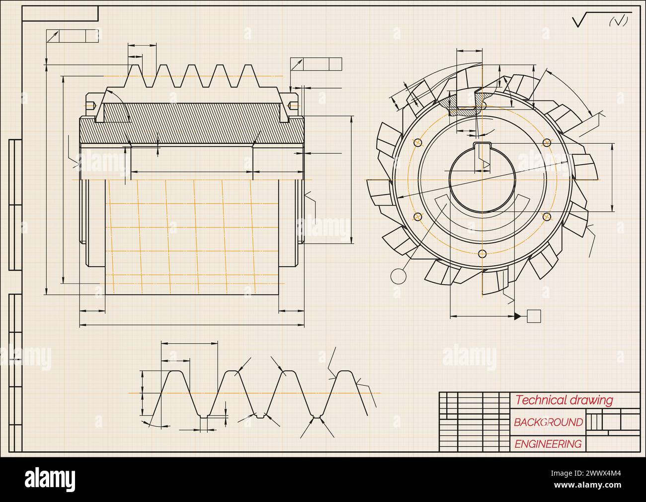 Mechanical engineering drawings on beige technical paper background ...