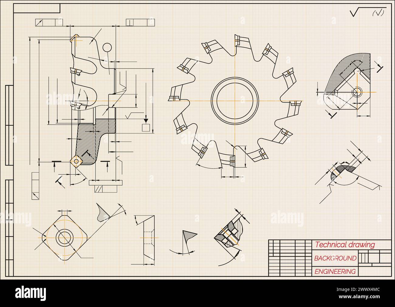 Mechanical engineering drawings on beige technical paper background ...